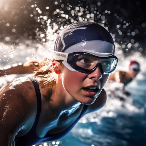 Front View Of Professional Female Swimmer In Motion And Action At