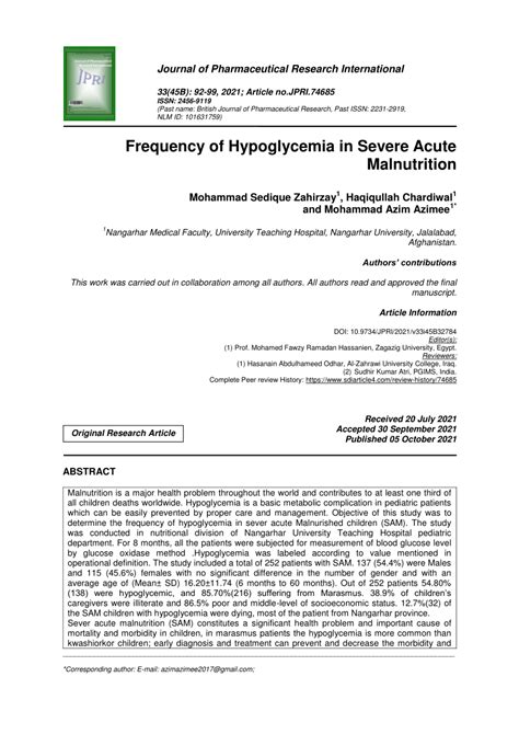 Pdf Frequency Of Hypoglycemia In Severe Acute Malnutrition