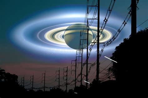 Saturn Shadow Under Ring And Silhouette Power Electric Poles With Top