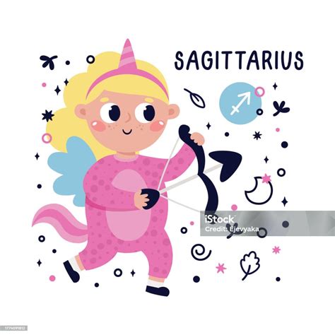 궁수자리 조디악 표지판이 있는 다채로운 카드입니다 점성술 별자리 기호를 가진 어린이 캐릭터 손으로 그린 벡터 일러스트 레이 션 만화 스타일 Lettering 궁수자리에 대한