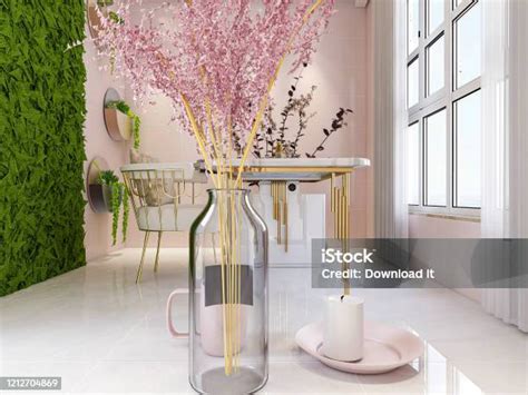 3d 렌더링 테이블과 녹색 식물이있는 폐쇄 된 분홍색 발코니 0명에 대한 스톡 사진 및 기타 이미지 0명 가구 가정 생활