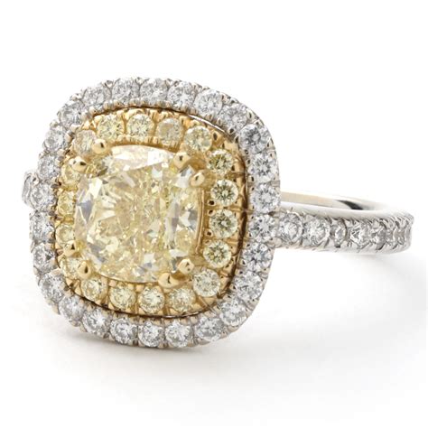 Cushion Cut Light Yellow 1 68 Ct Diamond Double Halo Engagement Ring