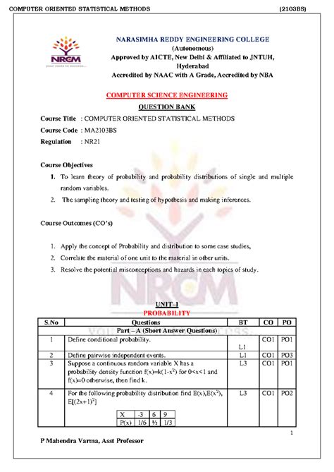COSM Question Bank 1 NARASIMHA REDDY ENGINEERING COLLEGE Autonomous