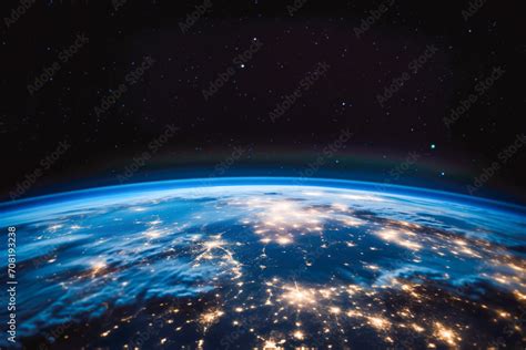 Planet Earth From Space With Lights Visible Vision Of Sunrise Over The Earth Visible From Space