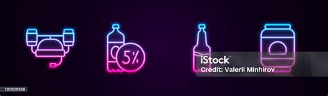 세트 라인 맥주 헬멧 병 플라스틱 맥주 및 캔 빛나는 네온 아이콘 벡터 가득 찬에 대한 스톡 벡터 아트 및 기타 이미지 가득