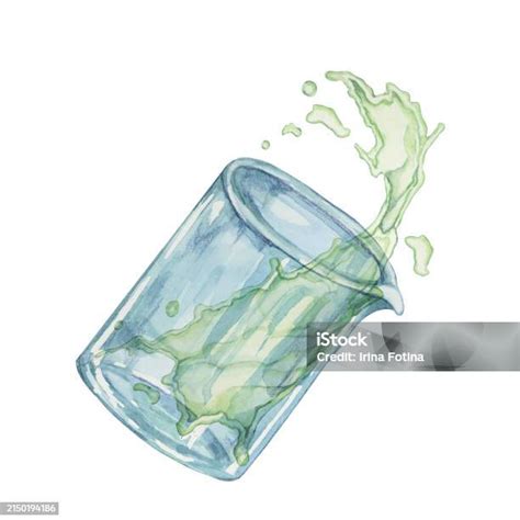 ガラスビーカーと緑色の液体の飛沫ガラス水彩科学ガラス製品のクリップアート教育用イラスト生化学機器からの液体のこぼれ こぼすのベクターアート