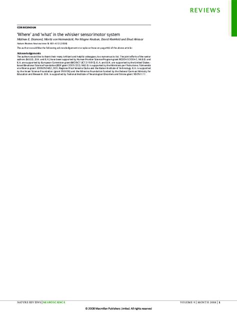 Pdf Erratum Where And What In The Whisker Sensorimotor System