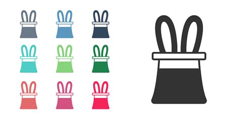 흰색 배경에 고립 된 검은 마술사 모자와 토끼 귀 아이콘 마술 미스터리 엔터테인먼트 컨셉 다채로운 아이콘을 설정합니다 벡터 개념에 대한 스톡 벡터 아트 및 기타 이미지