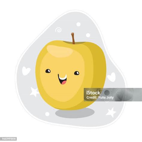 귀여운 과일 노란 사과 귀여운 과일 만화 스타일의 웃는 캐릭터 재밌는 스티커 벡터 그림 플랫 스타일입니다 건강한 식생활에 대한 스톡 벡터 아트 및 기타 이미지 Istock