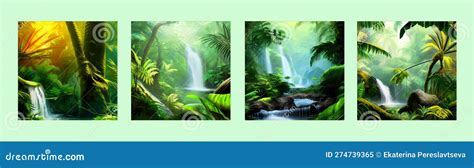 Jungle Waterfall Vector Illustration Fantasy Mystical Fauna Stock