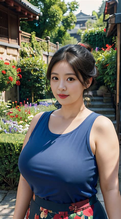 ミディアムショットのシーンは，半身 女の子1名 肥満体型 ゆったりとした寸法 35歳，中年女性，丸い顔 二重あご Seaart Ai