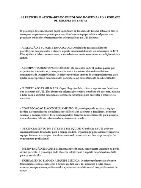 As Principais Atividades Do Psicólogo Hospitalar Na Unidade De Terapia