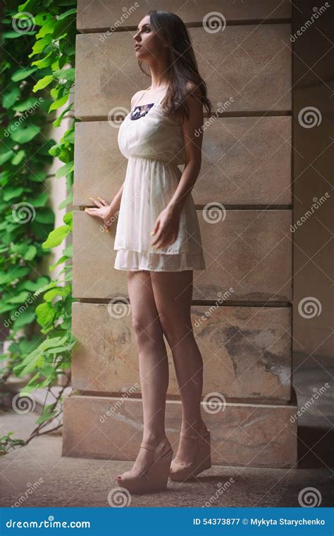 Mujer Con Las Piernas Largas Que Camina Al Aire Libre En El Vestido