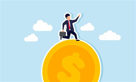 회전하는 동전을 타고 달리는 사업가 자본 또는 투자자를 사용하여 사업 성과를 쫓는 그림 개발에 대한 스톡 벡터 아트 및 기타