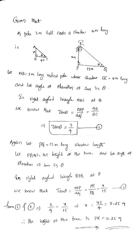 [solved] find the height of a tree a pole 3 m tall casts a shadow 4 m