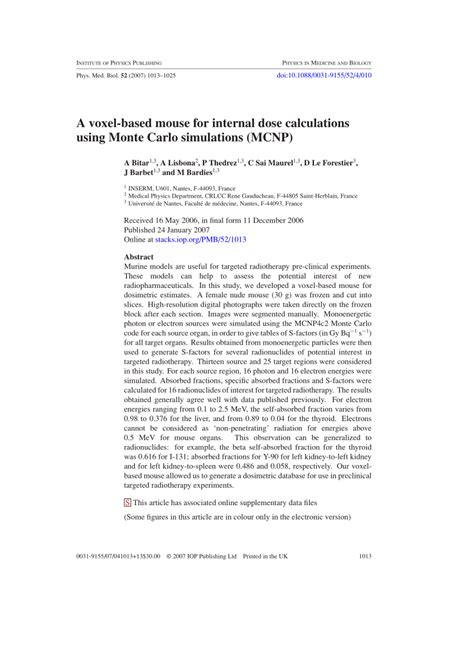 Pdf A Voxel Based Mouse For Internal Dose Calculations Using Monte