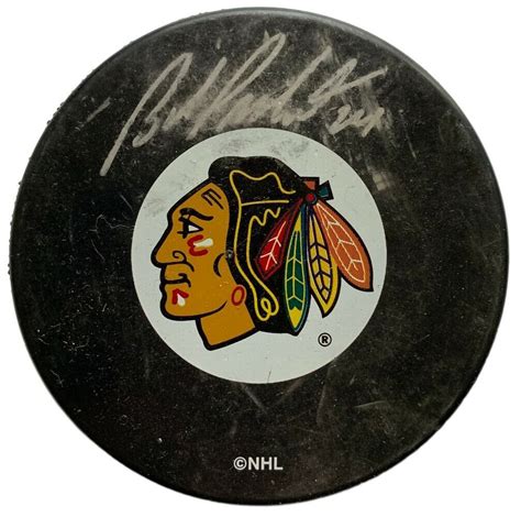 Bob Probert Signed Chicago Blackhawks Logo Puck Bas F62425