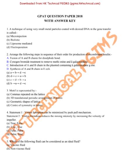 GPAT Question Paper With Answer Key 2018 Entrance Exam GPAT Previous