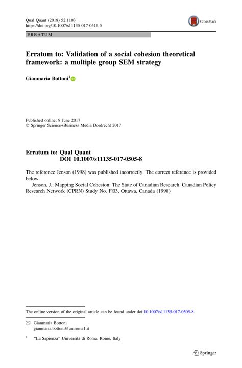 Pdf Erratum To Validation Of A Social Cohesion Theoretical Framework