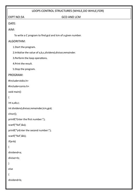 Loops Loops Control Structures Whiledo Whilefor Expt No3a Gcd