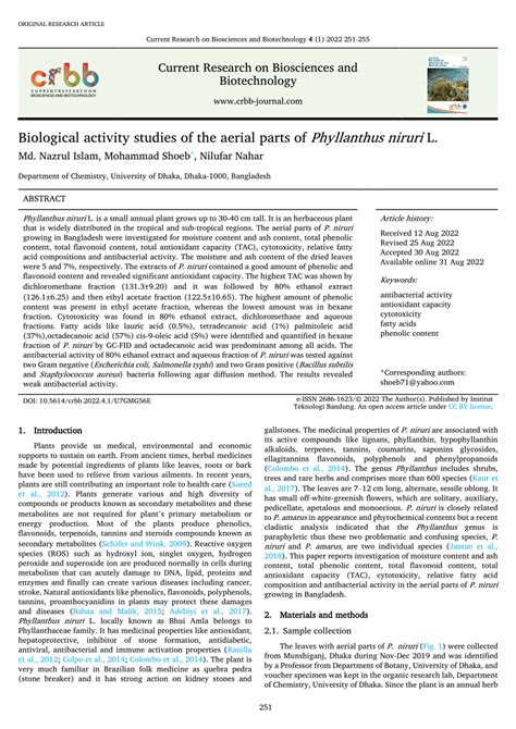 Pdf Biological Activity Studies Of The Aerial Parts Of Phyllanthus