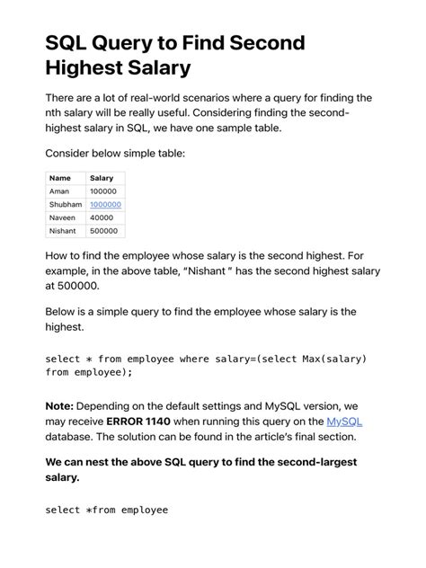Sql Query To Find Second Highest Salary Geeksforgeeks Pdf