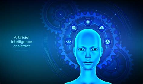 Ai 챗봇 사이보그 여자 머리를 가진 Ai 비서 연결된 기어와 기술 아이콘으로 둘러싸여 있습니다 Ai 에이전트 인공 지능 자동화 및 기계 학습의 개념입니다 벡터 일러스트