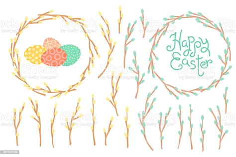 행복 한 부활절 축제 훈장의 집합입니다 버드 나무 화 환과 나뭇가지 개념에 대한 스톡 벡터 아트 및 기타 이미지 개념 개체