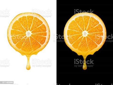 흰색과 검은색으로 분리된 신선한 주스 한 방울을 곁들인 오렌지 슬라이스 오렌지 감귤류 과일에 대한 스톡 벡터 아트 및 기타 이미지 오렌지 감귤류 과일 오렌지 주스