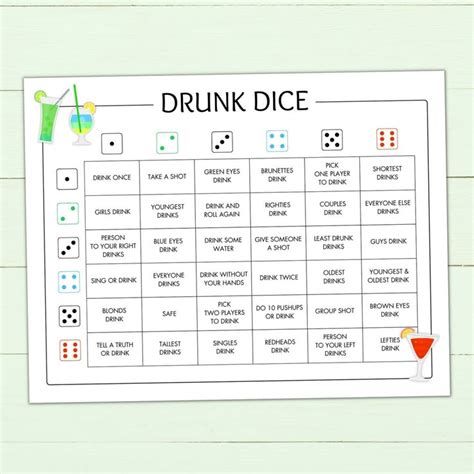 Printable Drunk Dice Game Drinking Game For Adults Alcohol Game