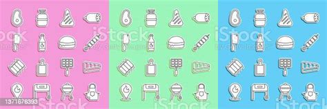 세트 라인 키친 앞치마 스테이크 고기 구운 쉬쉬 케밥 타바스코 소스 고기 헬기 버거 아이콘 벡터 갈비 음식에 대한 스톡 벡터 아트 및 기타 이미지 Istock