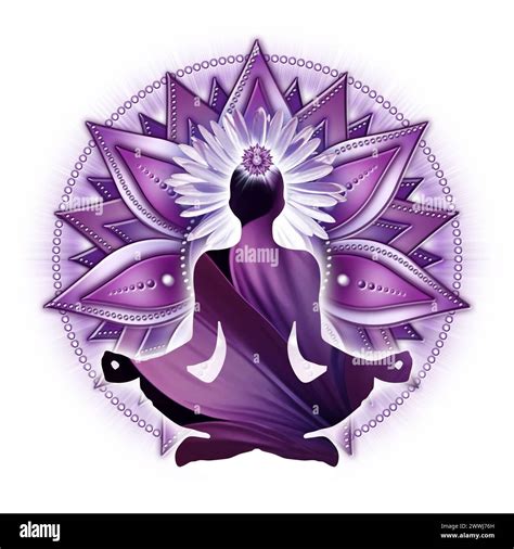 Crown Chakra Meditation In Yoga Lotus Pose In Front Of Sahasrara
