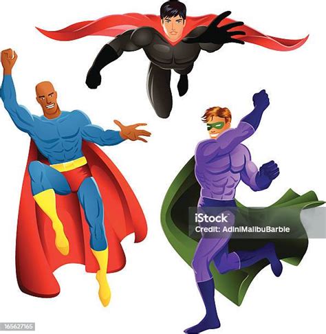 세 개의 말풍선이 있는 Superheroes 애꾸눈 및 야기되는 슈퍼히어로에 대한 스톡 벡터 아트 및 기타 이미지 슈퍼히어로