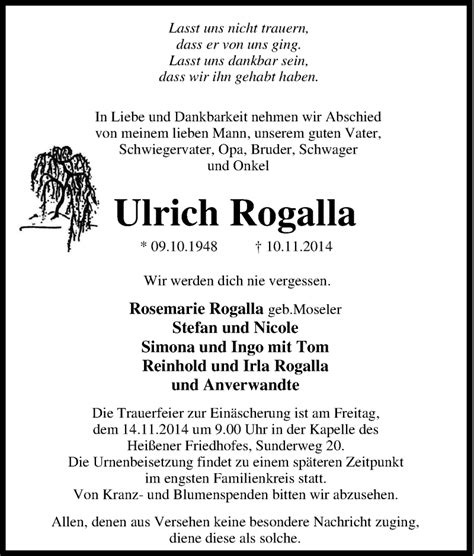 Traueranzeigen Von Ulrich Rogalla Trauer In Nrw De