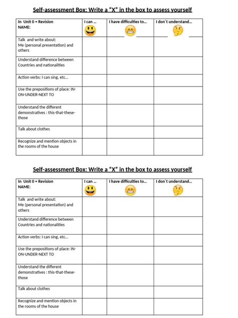 Self Assessment Chart Pdf