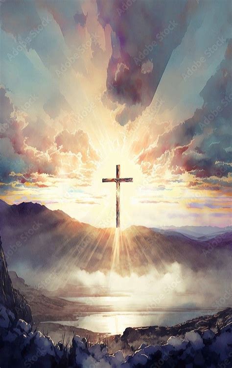 Mountain Cross Painting With Sun Rays