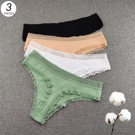3pcs Ruffles Lace Low Waist Ribbed Cotton Thong Solid Color Women G