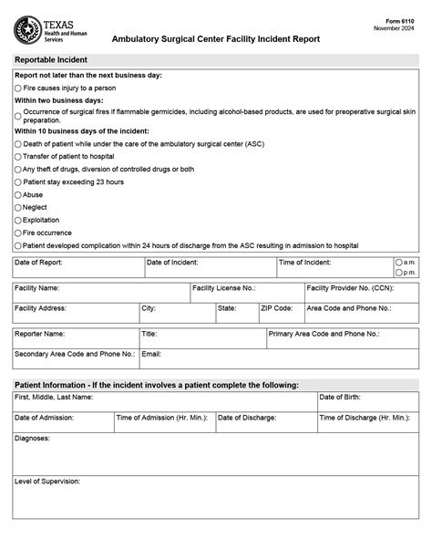 Tx Hhs Form 6110 Ambulatory Surgical Center Facility Incident Report