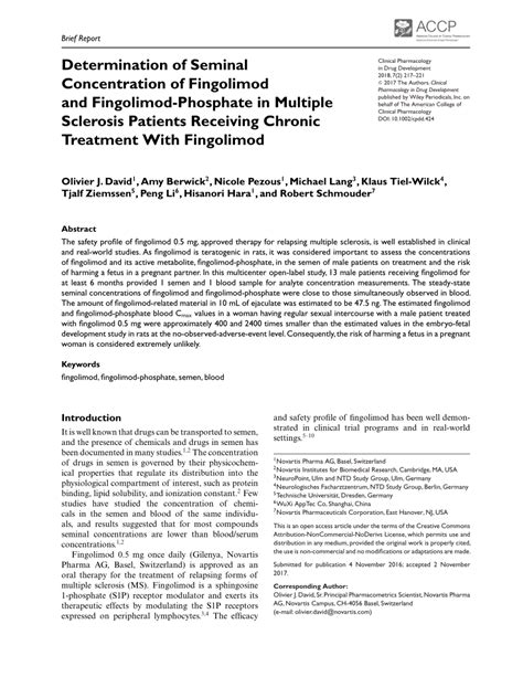Pdf Determination Of Seminal Concentration Of Fingolimod And Fingolimod Phosphate In Multiple