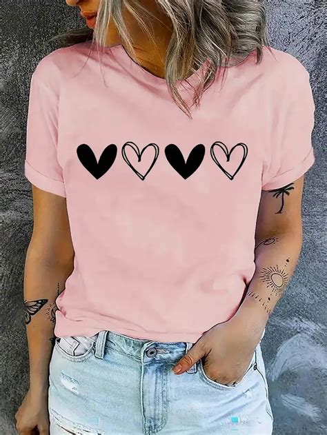 Heart Print Casual T Shirt Round Neck Short Sleeves Stretchy Temu Ireland