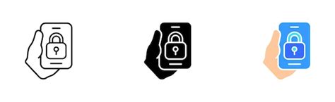 잠금 설정 아이콘이 있는 손 잡고 전화 잠금 암호 보안 해커 바이러스 백신 해킹 이중 인증 방어 개념 선 검정 및 화려한 스타일의 벡터 아이콘 프리미엄 벡터