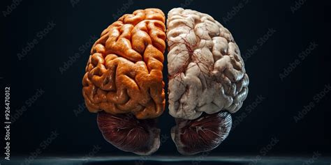 Intricate Close Up Of A Human Brain Split Into Contrasting Sections