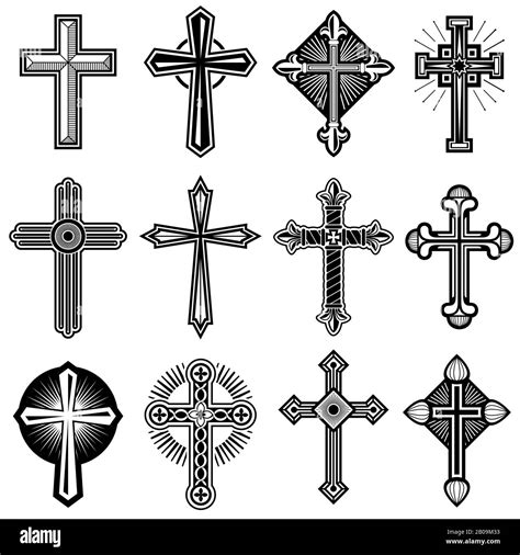 Catholic Christian Cross With Ornament Vector Icons Set Of Religious Crosses Illustration Of