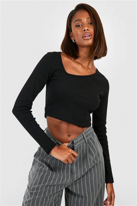 Womens Basic Rib Asymmetric Long Sleeve Top Boohoo Uk