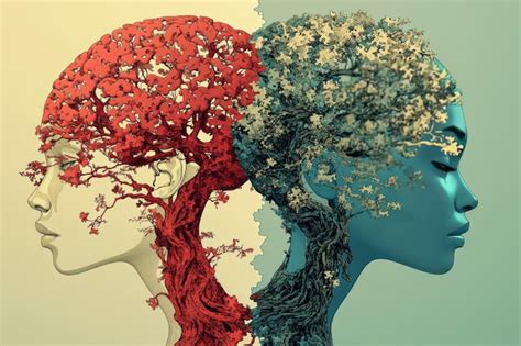 Abstract Image Of Male And Female Profiles With Tree Like Brains Symbolizing The Growth And