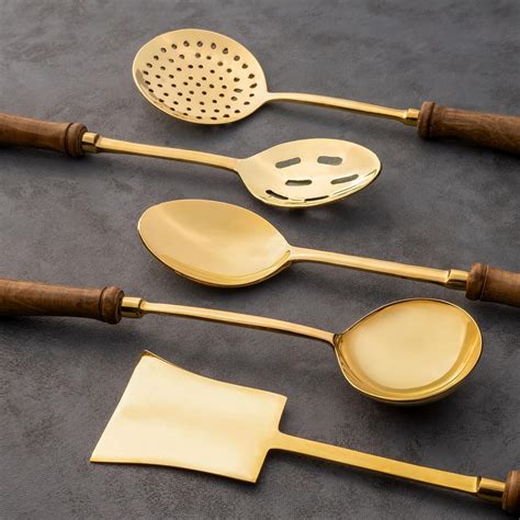 Atya Luxury Pure Brass Cooking Ladle Kadchi Set Of 5 With Mango
