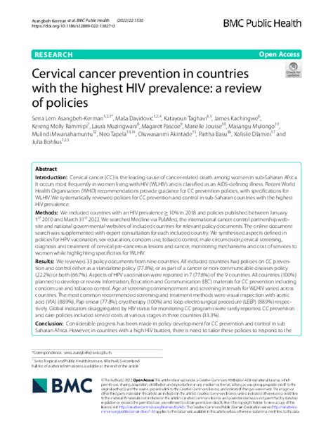 Pdf Cervical Cancer Prevention In Countries With The Highest Hiv