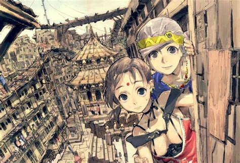Safebooru 2girls Bandanna Bindi Blue Eyes Breasts Brown Hair City