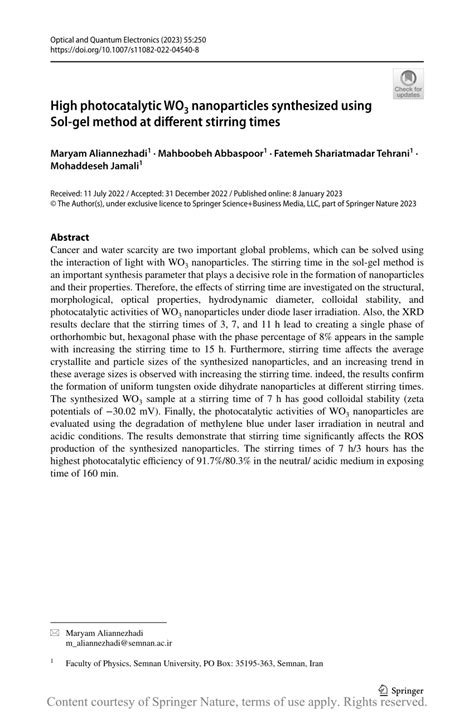 High Photocatalytic Wo3 Nanoparticles Synthesized Using Sol Gel Method