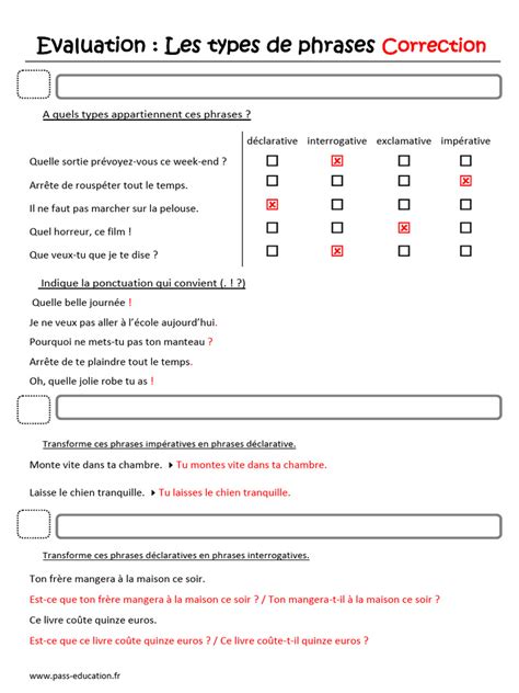 Correction Types De Phrases Ce2 Evaluation Phrase Déclarative